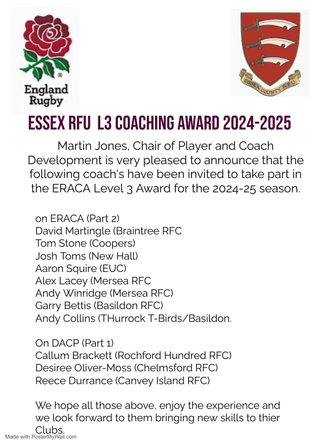 Essex RFU, L3 Coaching Award 2024-2025 Nominations. - Essex County Rugby